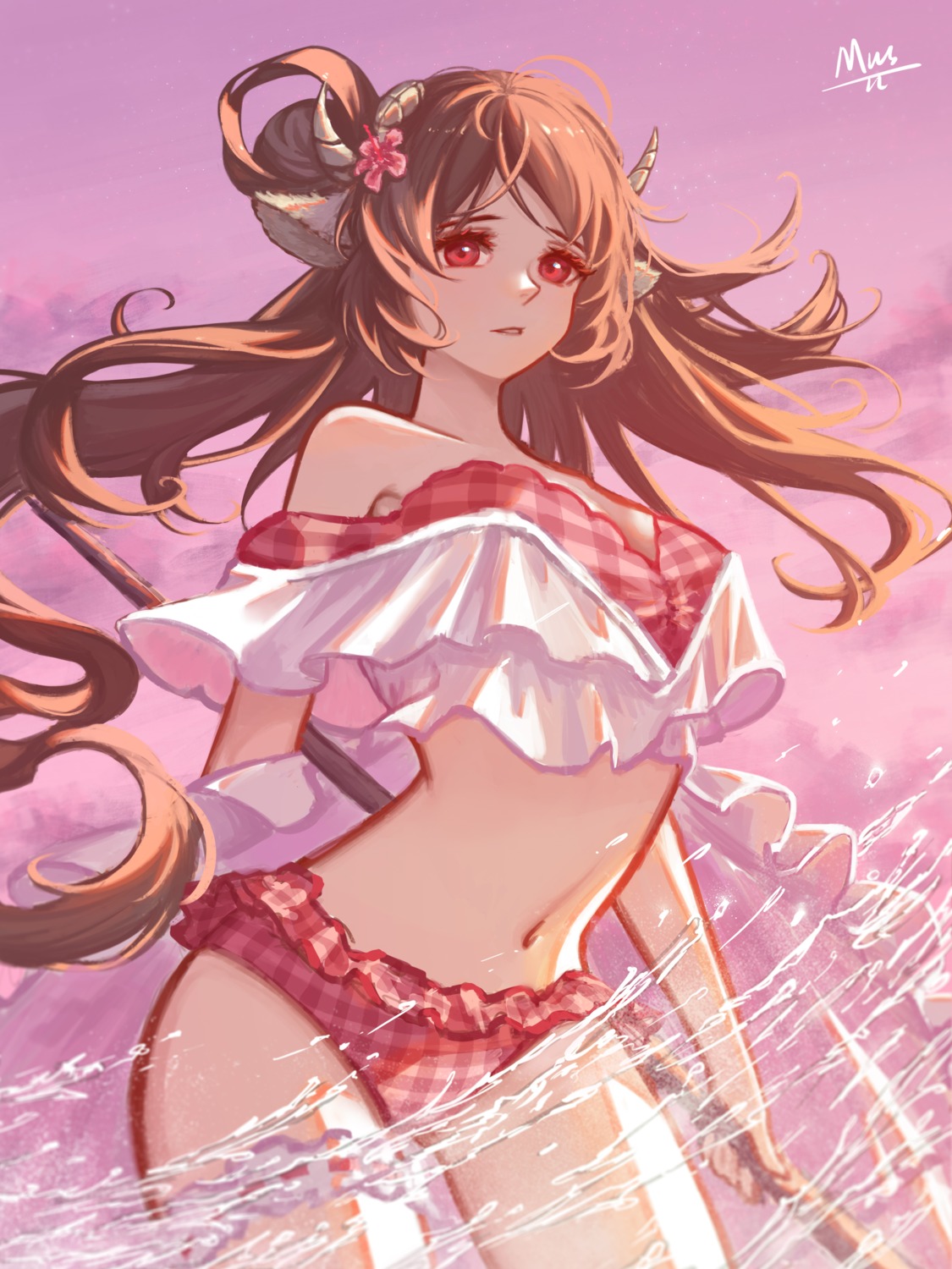 mus-pai arknights eyjafjalla (arknights) animal ears bikini horns open shirt swimsuits weapon ...